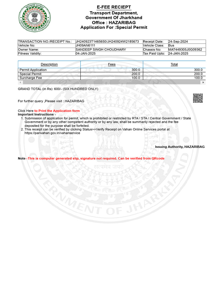Jh09an6111 Permit Fees 24-09-2024 | PDF