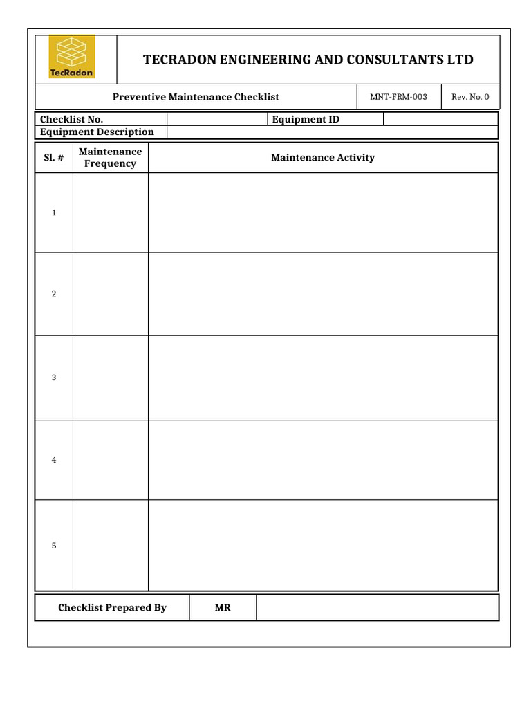 MNT-FRM-003 Preventive Checklist | PDF MNT-FRM-003 Preventive Checklist | PDF