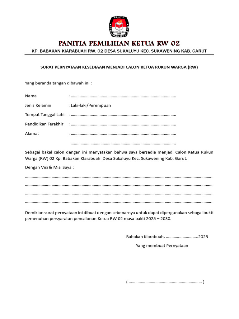 Pernyataan Calon Ketua RW 02 Garut | PDF