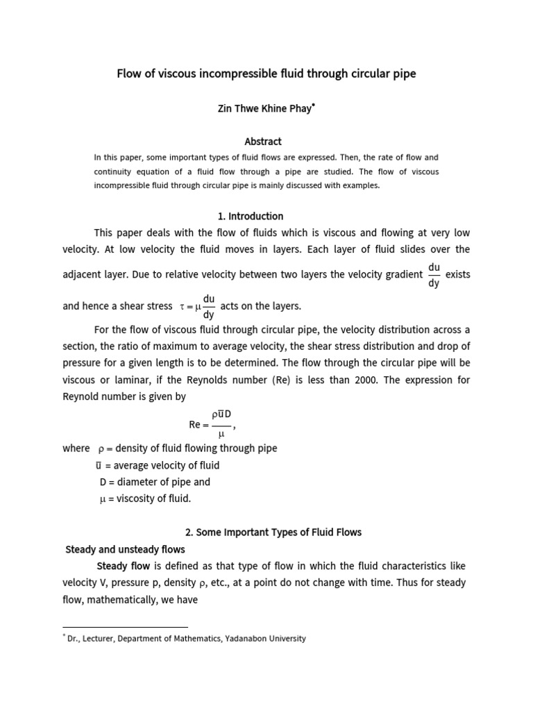 Flow of Viscous Incompressible Fluid Through Circular Pipe | PDF | Fluid Dynamics | Reynolds Number