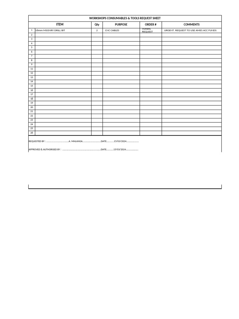 Workshops Consumables & Tools Request Sheet | PDF