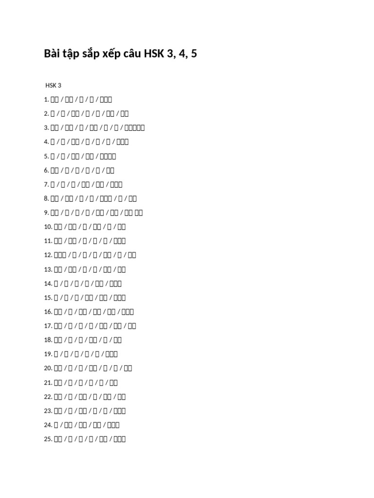 Bài tập sắp xếp câu HSK 3 - HSK 5 có đáp án | PDF
