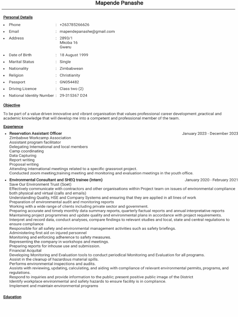 SHEQ CV Panashe Mapende | PDF