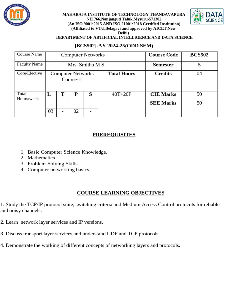 CNS-BCS502 Prerequisites and Course Learning Objectives Final | PDF