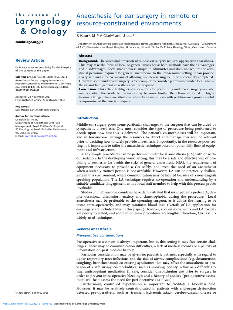 Anaesthesia For Ear Surgery in Remote or Resource Constrained ...