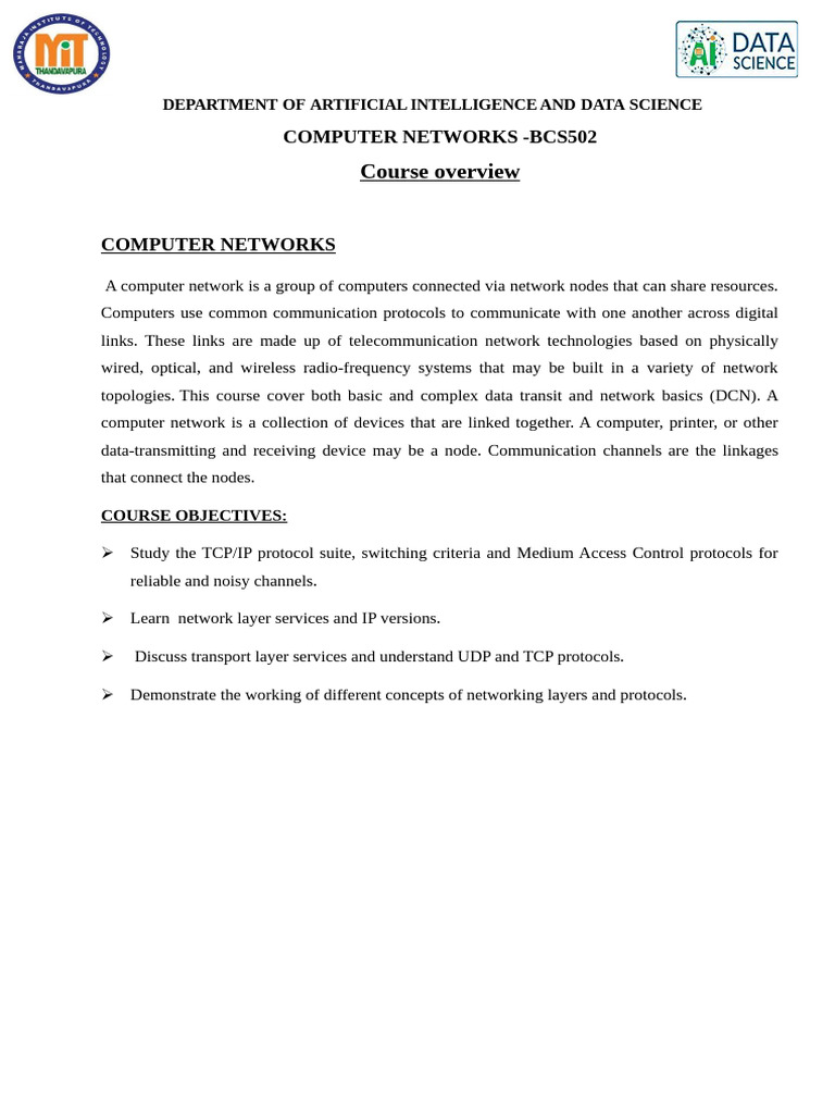 COMPUTER NETWORKS Course overview FINAL | PDF