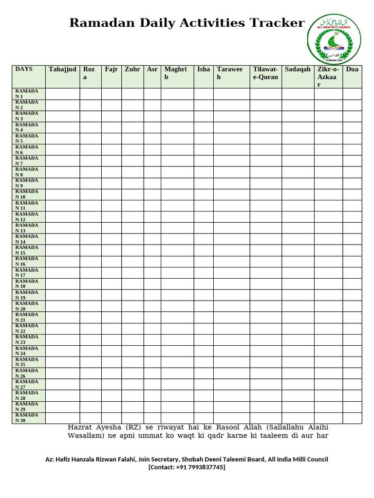 Ramadan 30 Days Chart | PDF