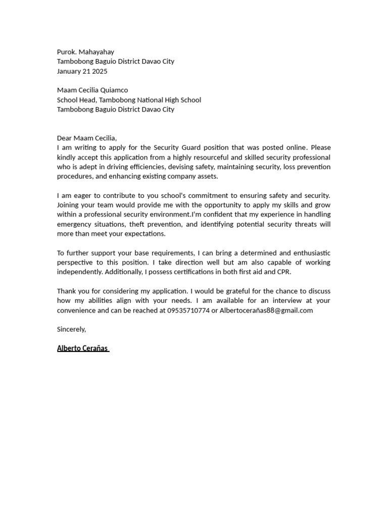 Security Guard Application Letter | PDF