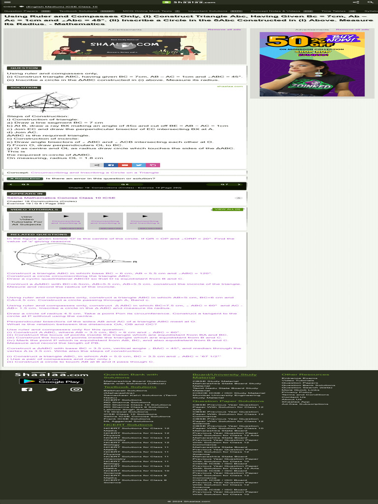 Using Ruler and Compasses Only, (I) Construct Triangle Abc, Having Given BC 7cm, Ab - Ac 1cm and ...