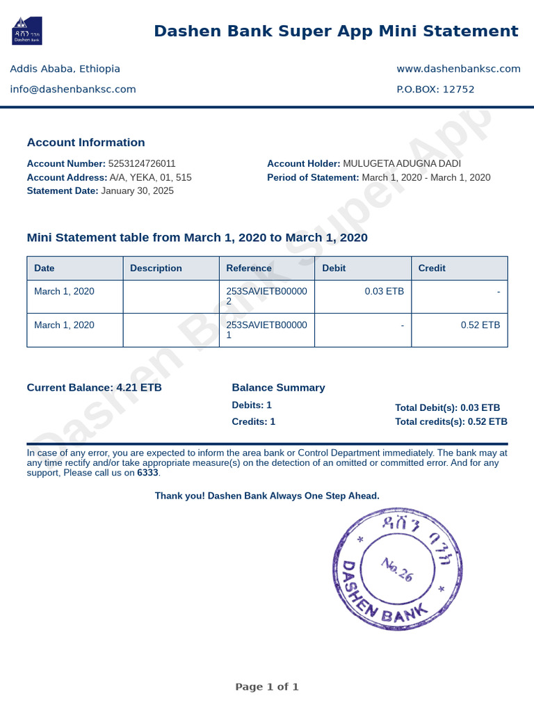 Dashen Bank Super App Mini Statement | PDF | Business Economics ...