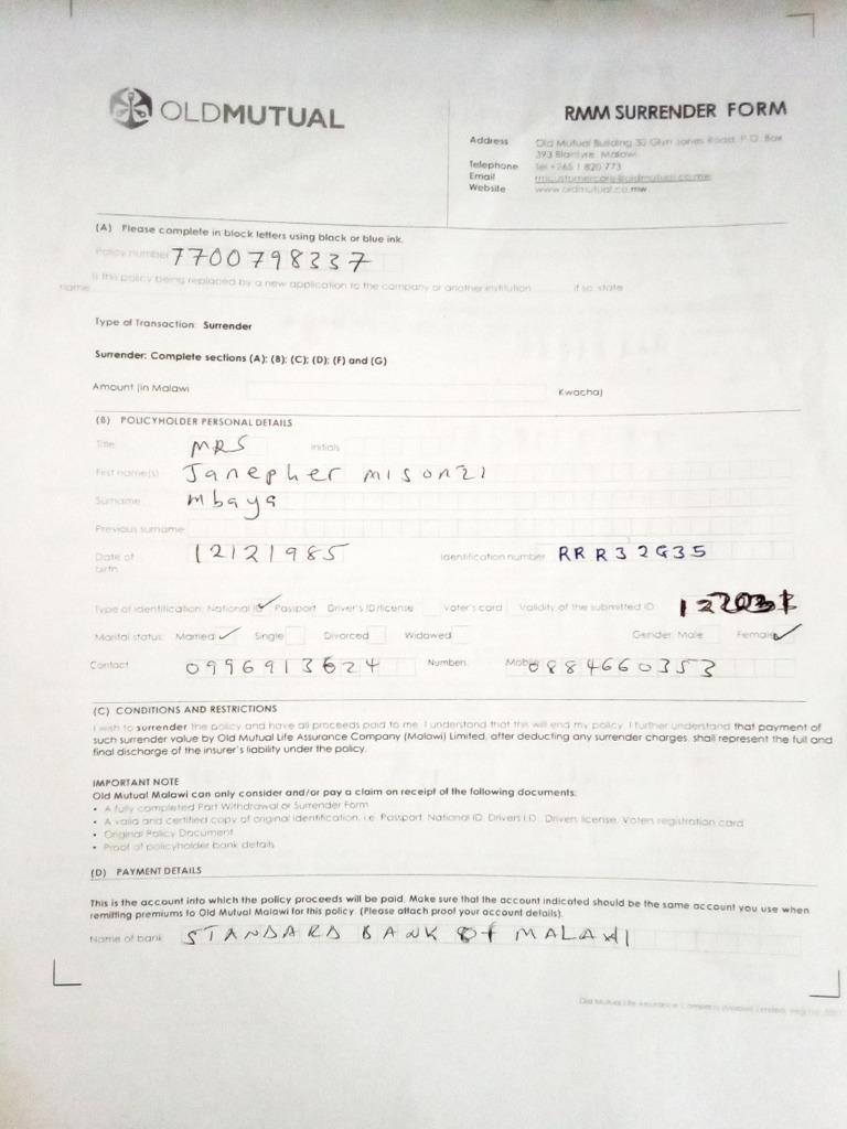 Surrender Form For Janepher Mbaya | PDF