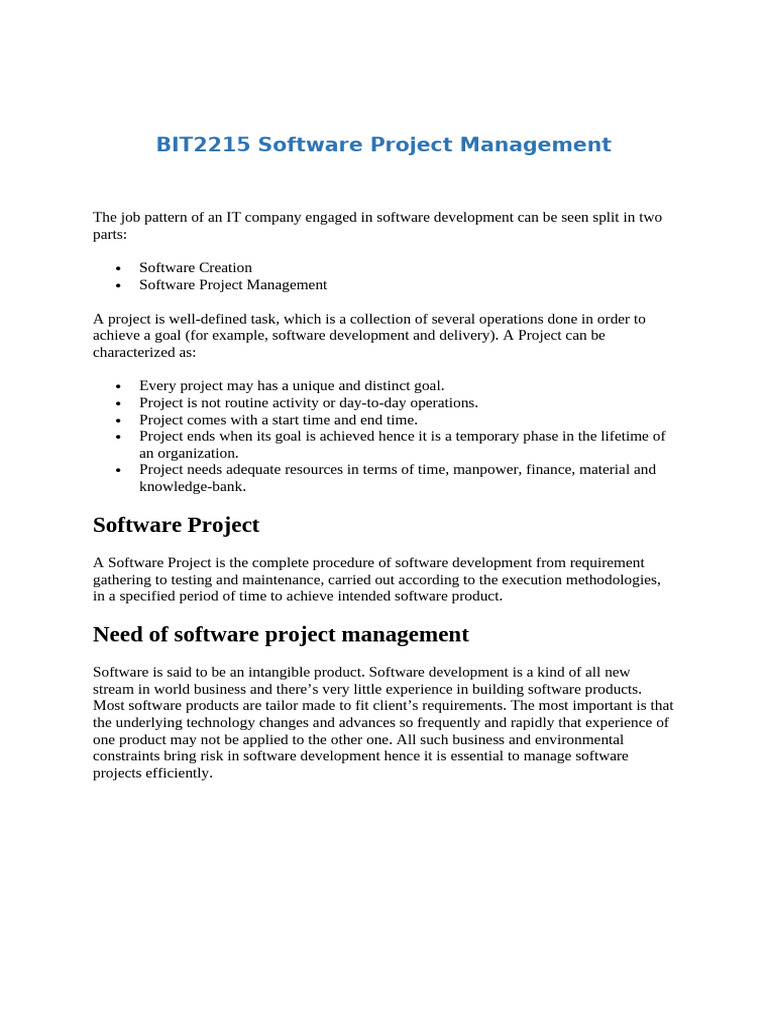 BIT2215 Software Project Management Class Notes | PDF | Project ...