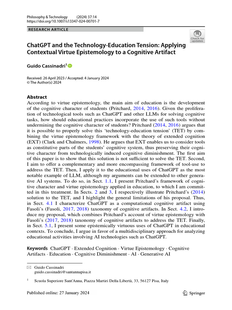Cassidadri, G. 2024. ChatGPT and the techology-education tension | PDF | Epistemology | Knowledge