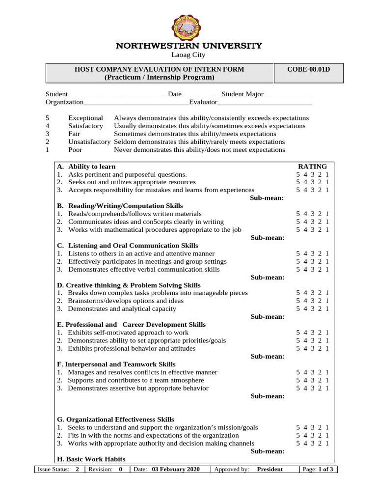 Cobe-08.01d-Host-Company-Evaluation-Of-Intern-Form 2 | PDF | Skill | Behavioural Sciences
