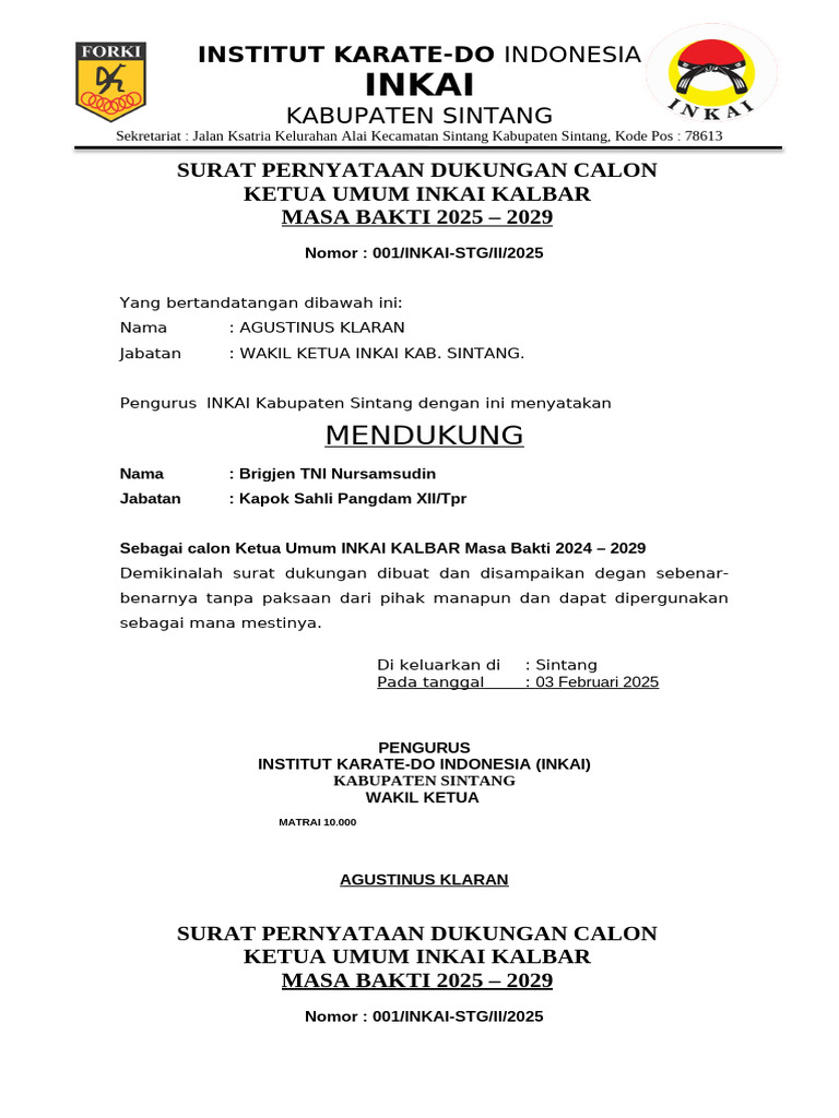 Surat Dukungan Ketua Umum Inkai Prov | PDF
