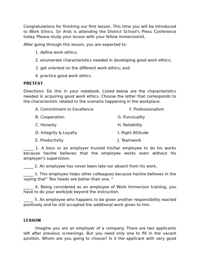 Lesson 2 Work Immersion Lectures | PDF