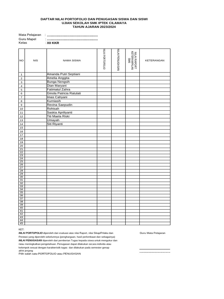 Format Penilaian Portofolio 2024 | PDF