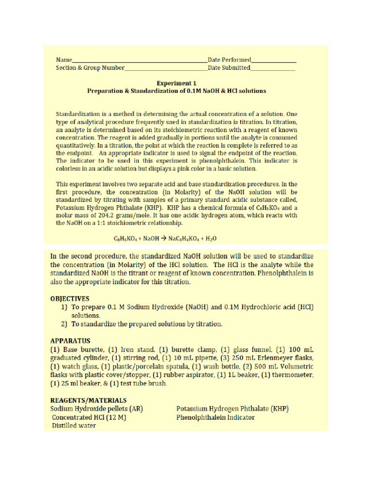 Preparation and Standardization of 0.1 M NaOH and 0.1 M HCL | PDF