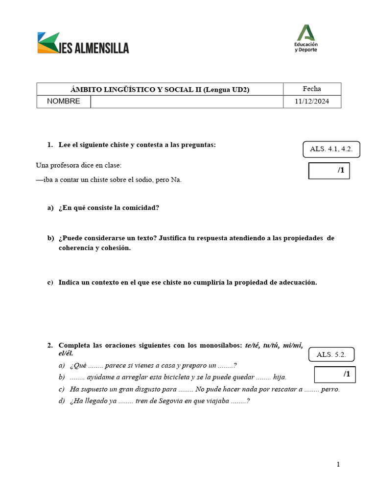 Examen Lengua UD2 - 11 de Diciembre | PDF