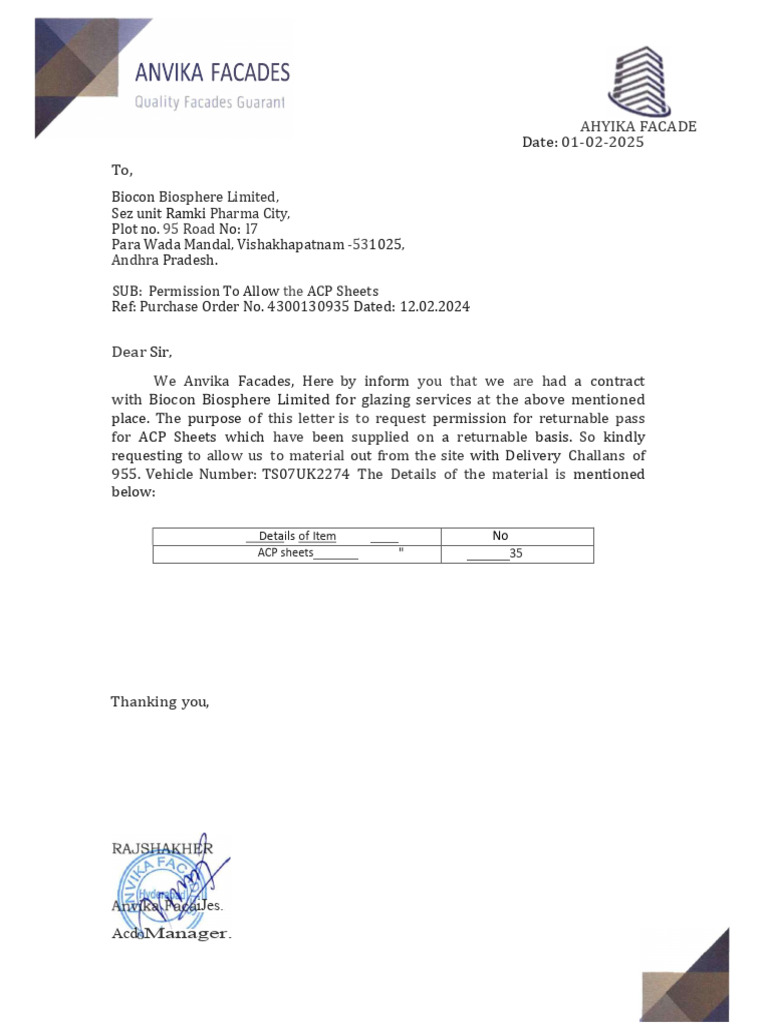ACP Sheets Permission Request Letter | PDF
