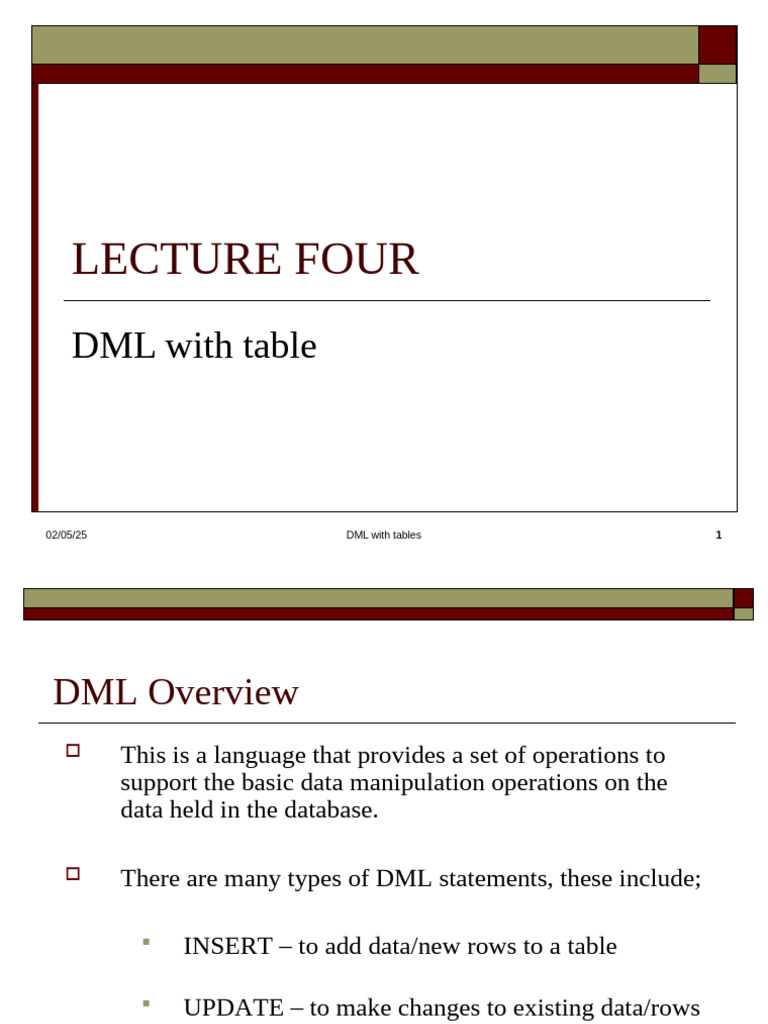 Lecture Four - DML With Tables | PDF | Information Retrieval | Sql