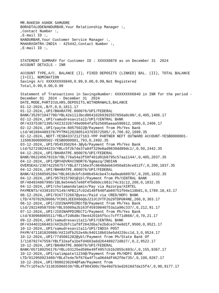 December 2024 Account Statement Summary | PDF | Banks | Banking Technology