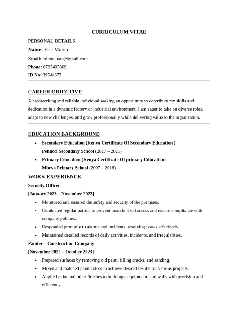 Eric Mutua Curriculum Vitae | PDF