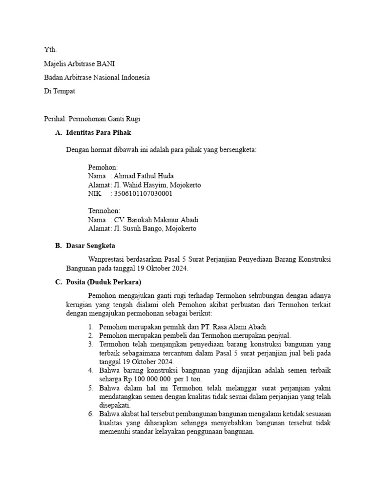 Ahmad Fathul Huda - Arbitrase - Surat Gugatan | PDF