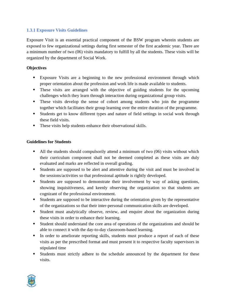 Exposure Visit Guidelines for BSW Students | PDF | Human Communication ...