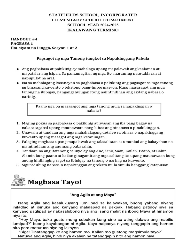 HANDOUT 05 Pagsagot NG Mga Tanong Tungkol Sa Napakinggang Pabula | PDF