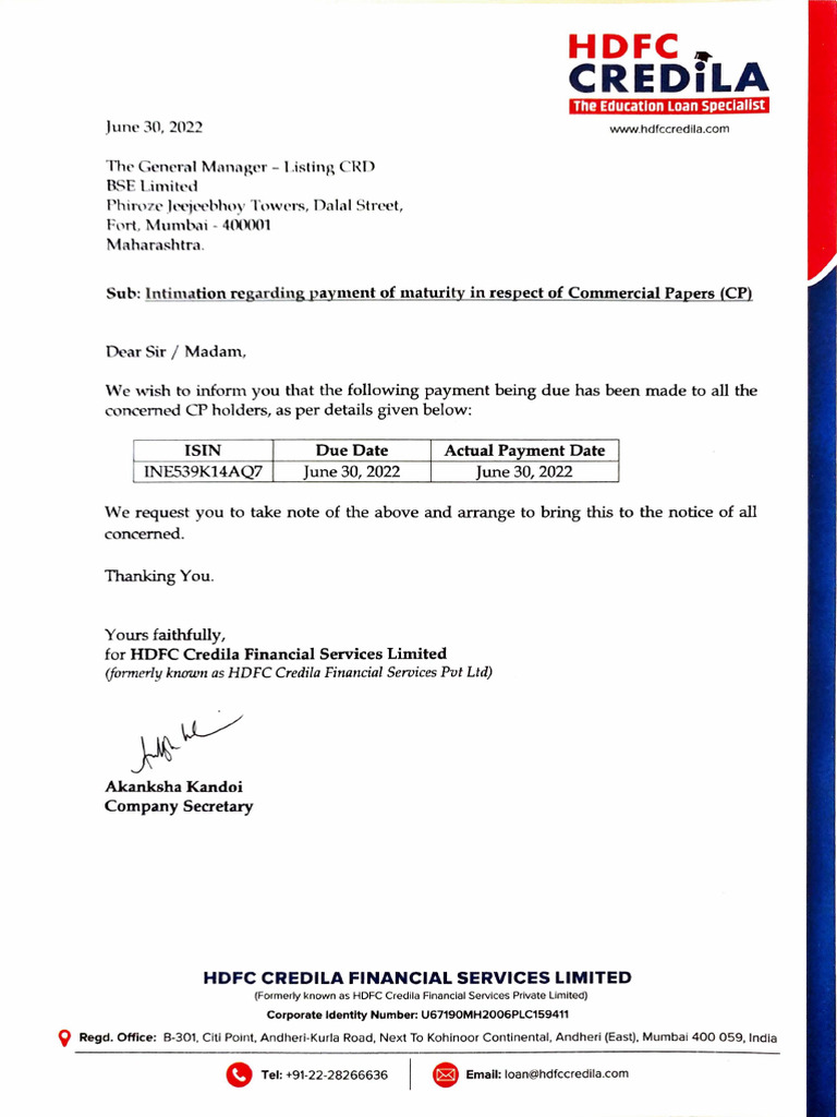 payment-HDFC Credila CP June302022 | PDF