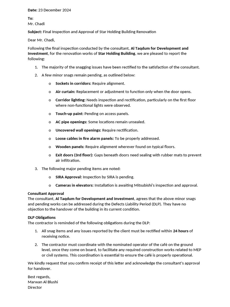 Star Holding Building Rennovation Closing Snag Report | PDF