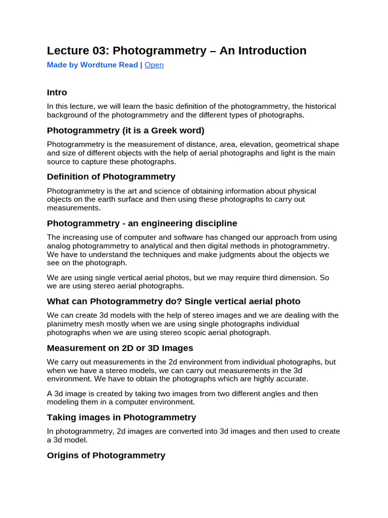 Lecture 03_ Photogrammetry – An Introduction-WT_Summaries | PDF | Aerial Photography | Stereoscopy