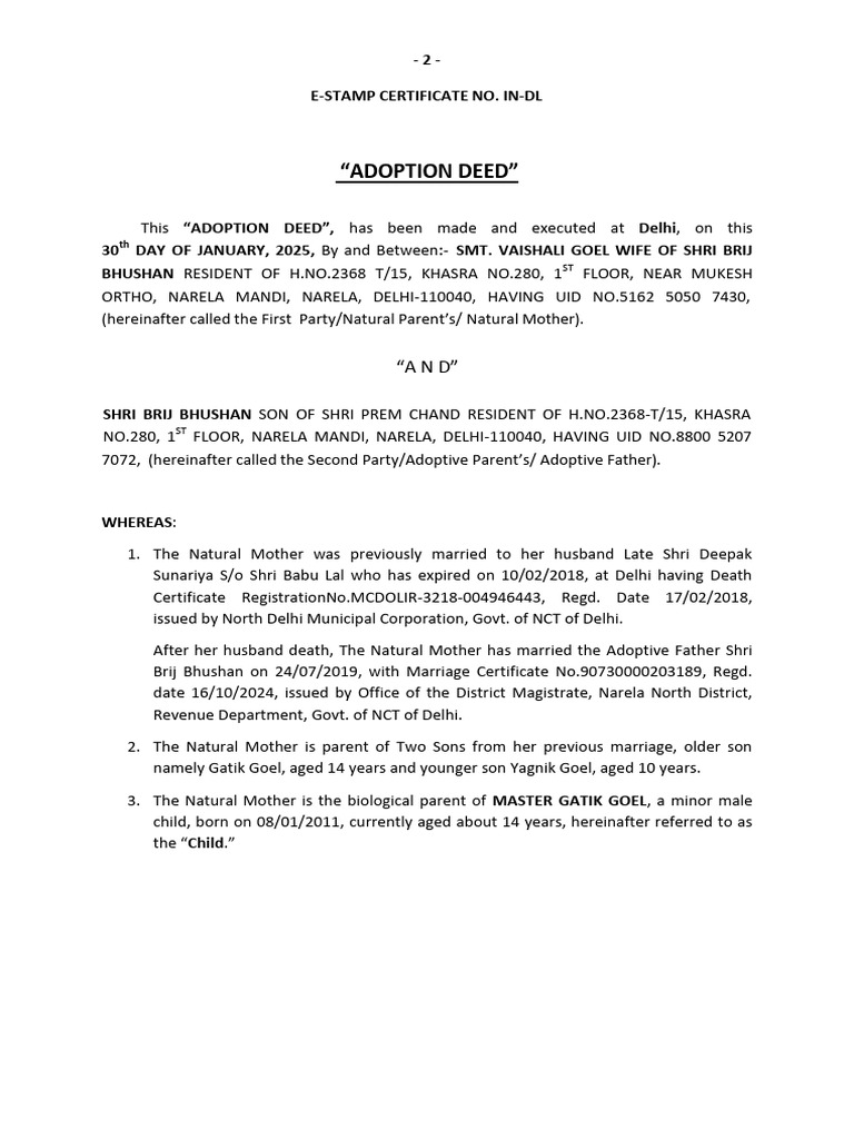 Adoption Deed of Gatik Goel | PDF | Adoption | Father