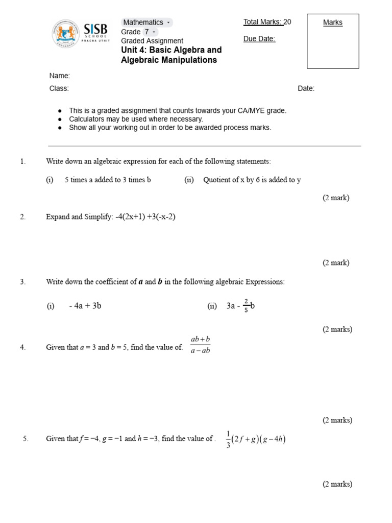 Grade 7 Algebra Assignment Guide | PDF | Arithmetic | Abstract Algebra