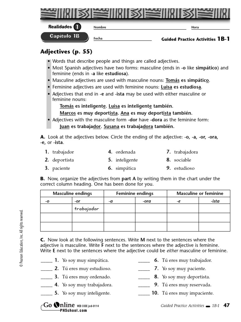 Spanish Adjectives Worksheet | PDF