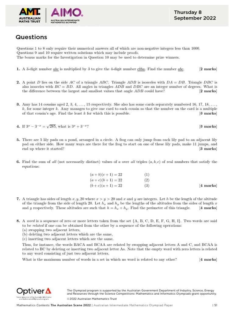 2022 AIMO Paper and Solutions | PDF | Square Root | Numbers