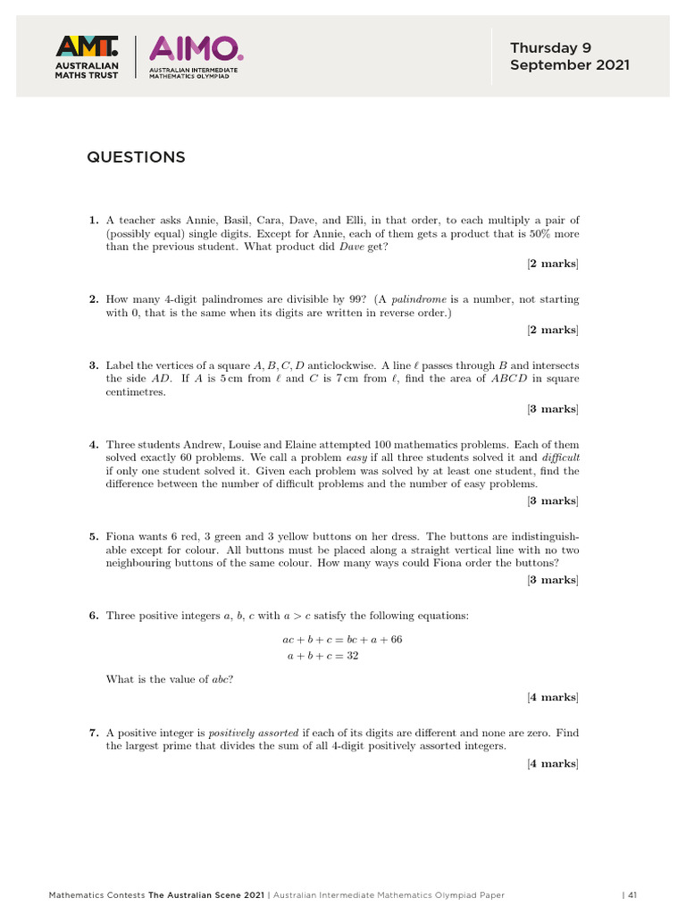 2021 AIMO Paper and Solutions | PDF | Circle | Triangle