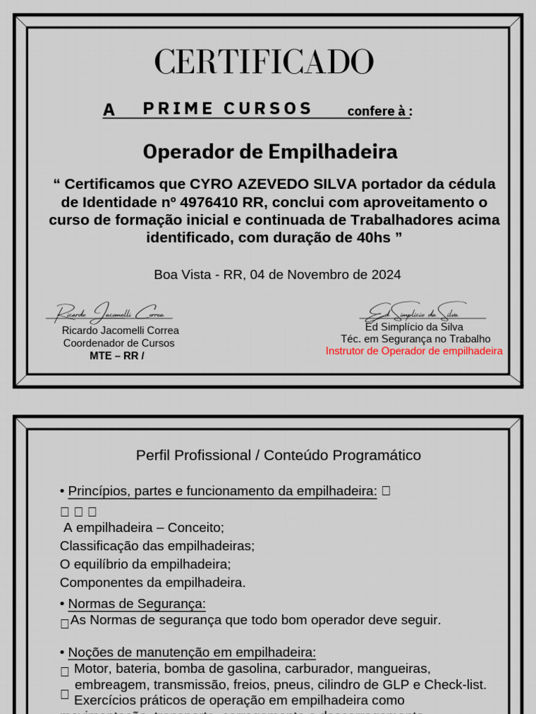 Certificado de Operador de Empilhadeira PDF | PDF