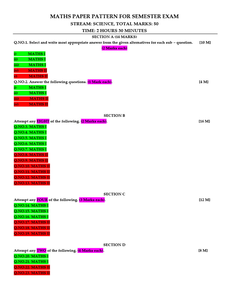 Maths Paper Pattern For Semester Exam | PDF