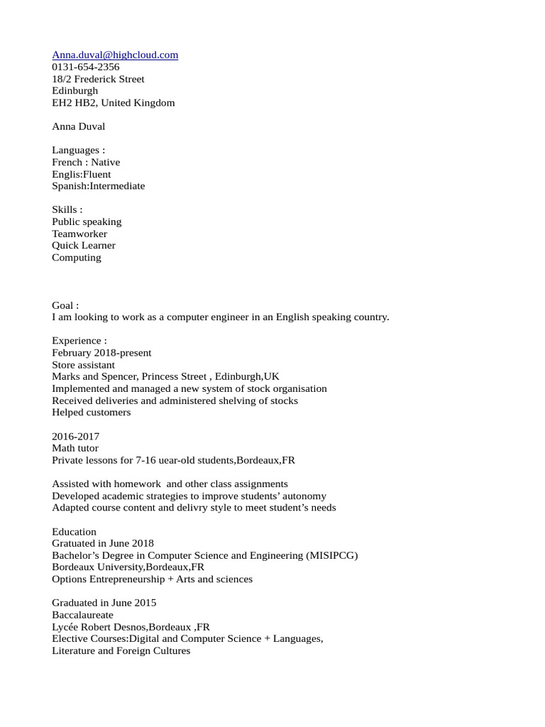 Anna Duval's CV for Computer Engineering | PDF