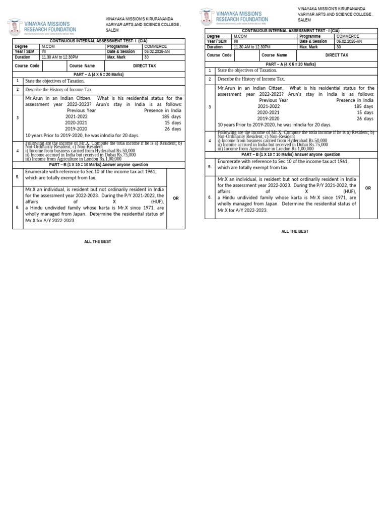 CIA I - M.Com Question Paper Indirect Tax Advanced Cost Accounts | PDF ...