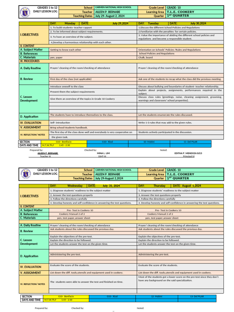 DLL G10 Cookery | PDF | Classroom Management | Teachers