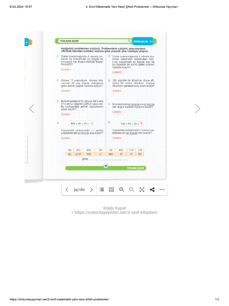 Sınıf Matematik Yeni Nesil Şifreli Problemler - ONburda Yayınları | PDF