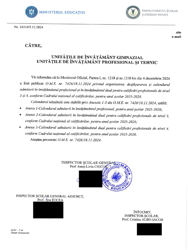 OME 7426 Din 2024 Admitere in Invatamantul Profesional Si Dual | PDF