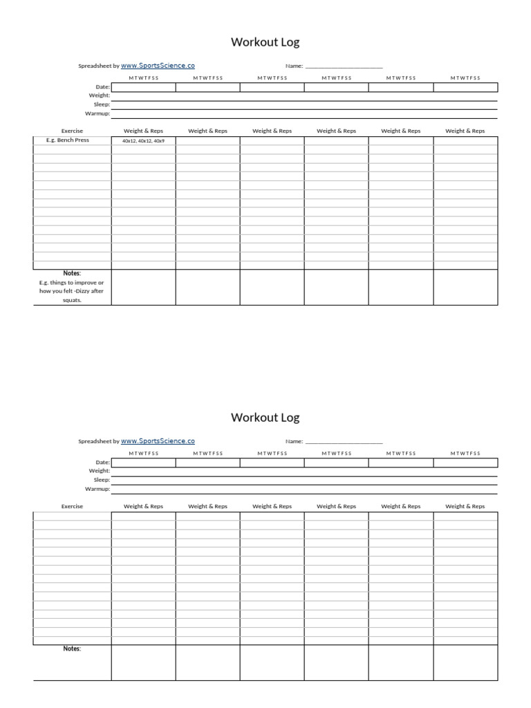 Weekly Workout Log Template | PDF | Strength Training | Weight