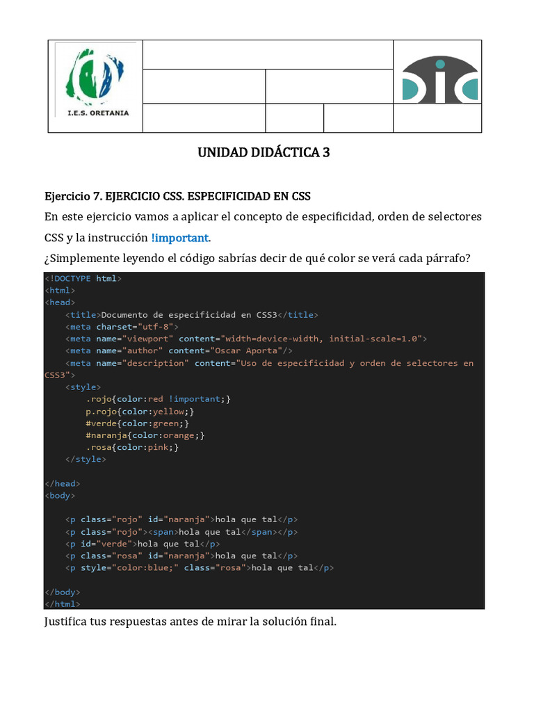 Ejercicio UD3-7 (Especificidad CSS) | PDF