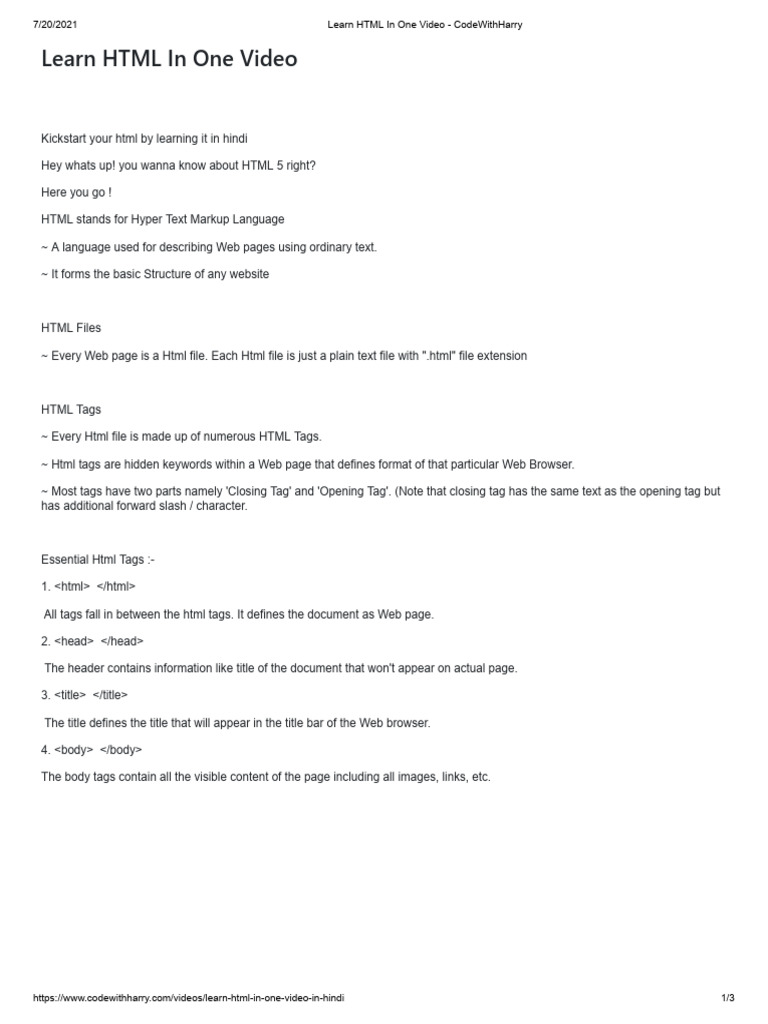 Learn HTML in One Video - CodeWithHarry | PDF | Html | Html Element