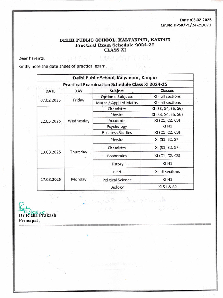 Class XI Practical Exam Schedule 2024-25 | PDF