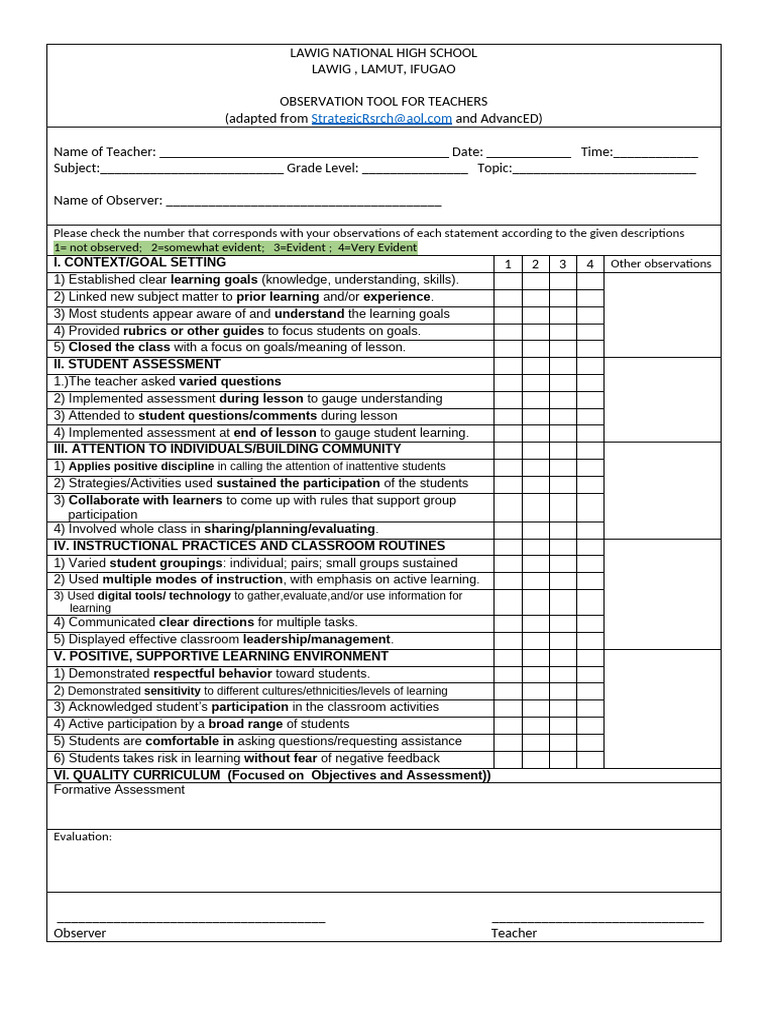 classroom-observation-tool | PDF | Educational Assessment | Learning